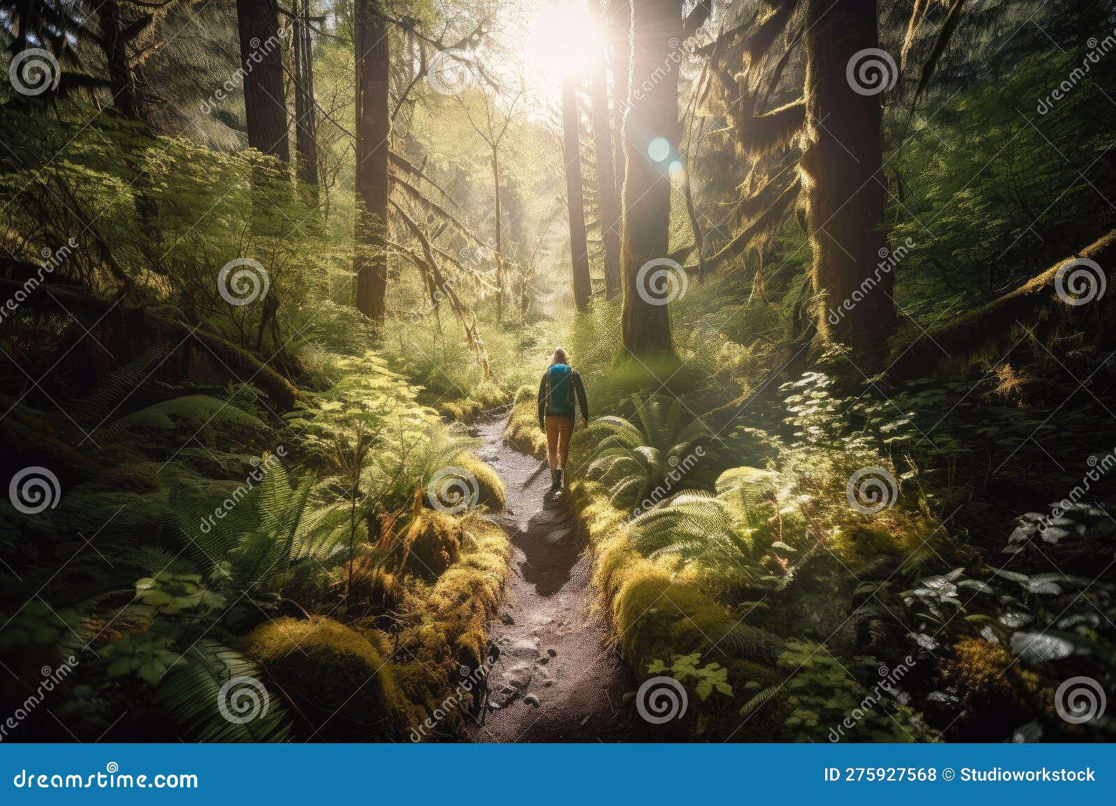 Person, Hiking through Lush Forest, with the Sunlight Filtering through the Trees Stock ...