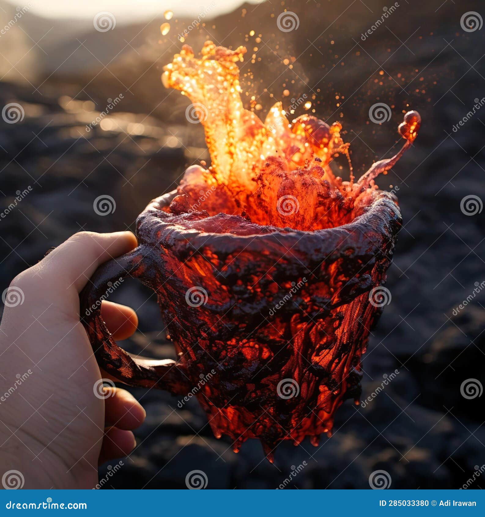 A Person Holding a Cup with the Fire Like Lava Burning Out of it Stock ...