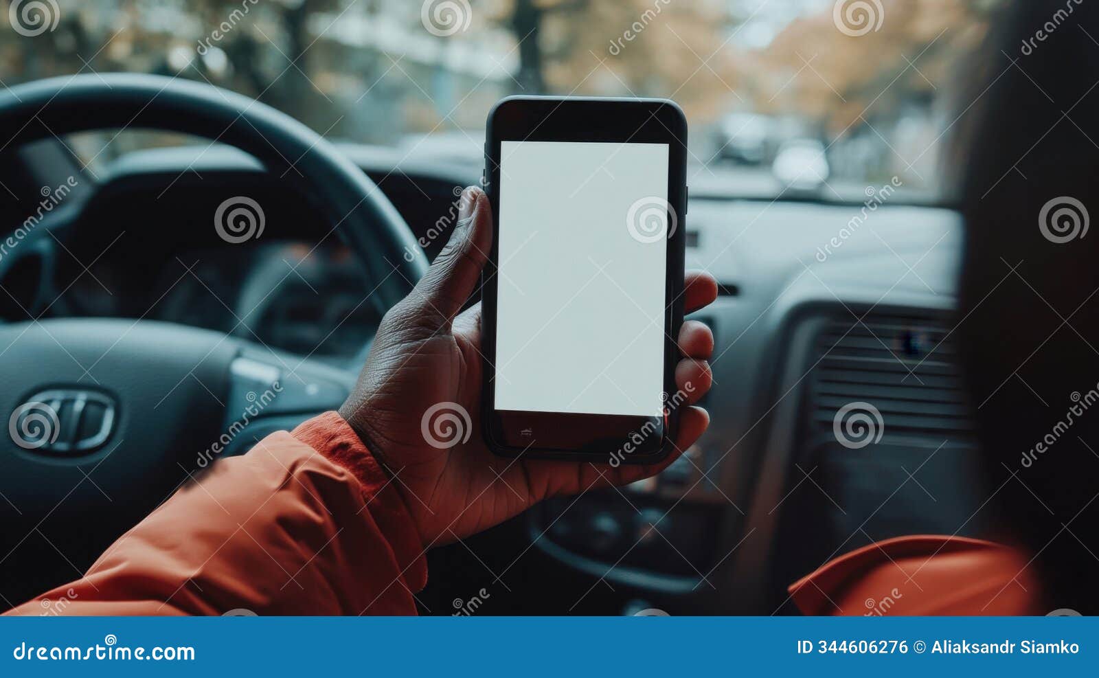 Person Holding Phone with Blank Screen in Car for App Mockup Stock ...