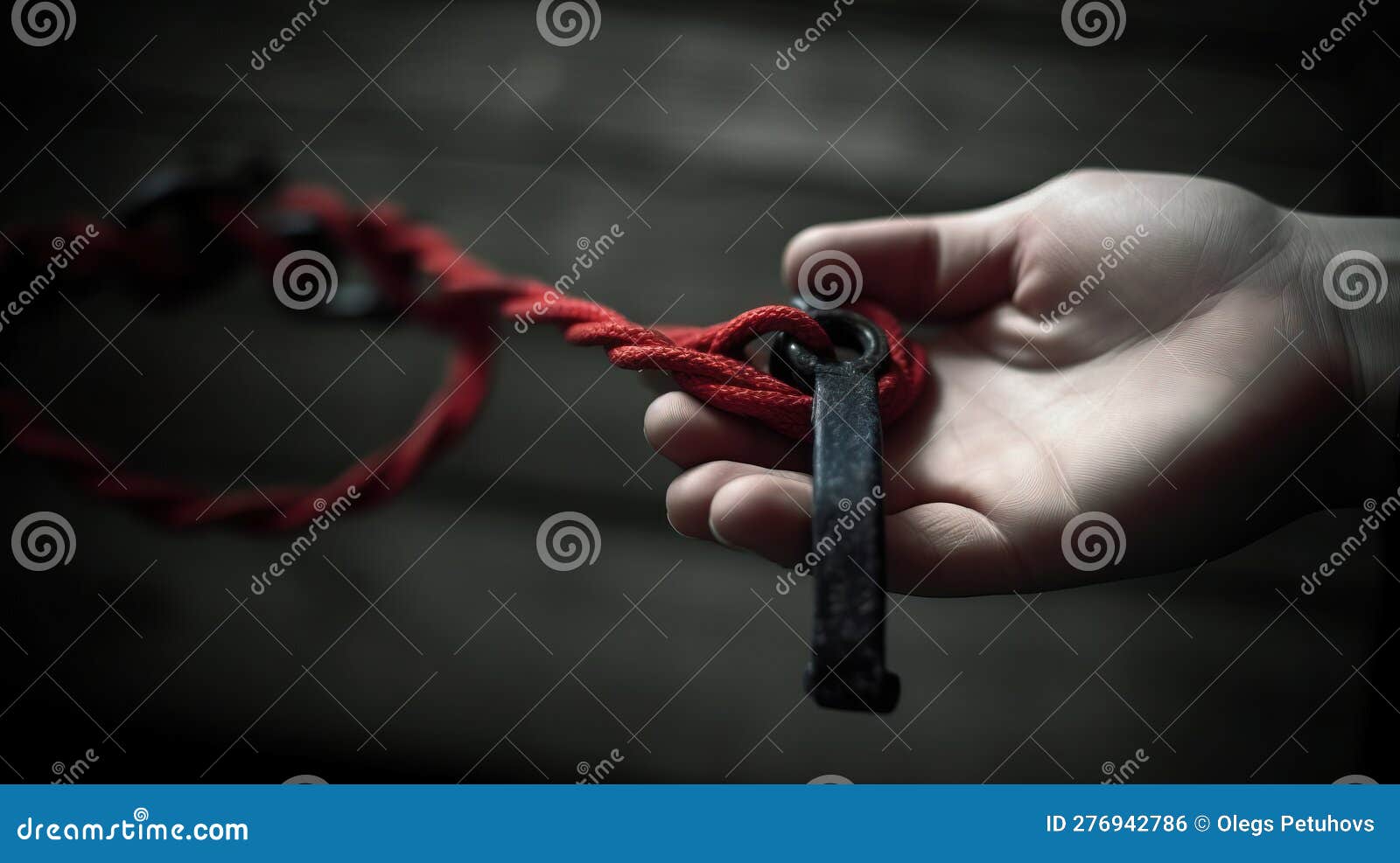 A Person Holding a Piece of Red String with a Black Handle Stock ...