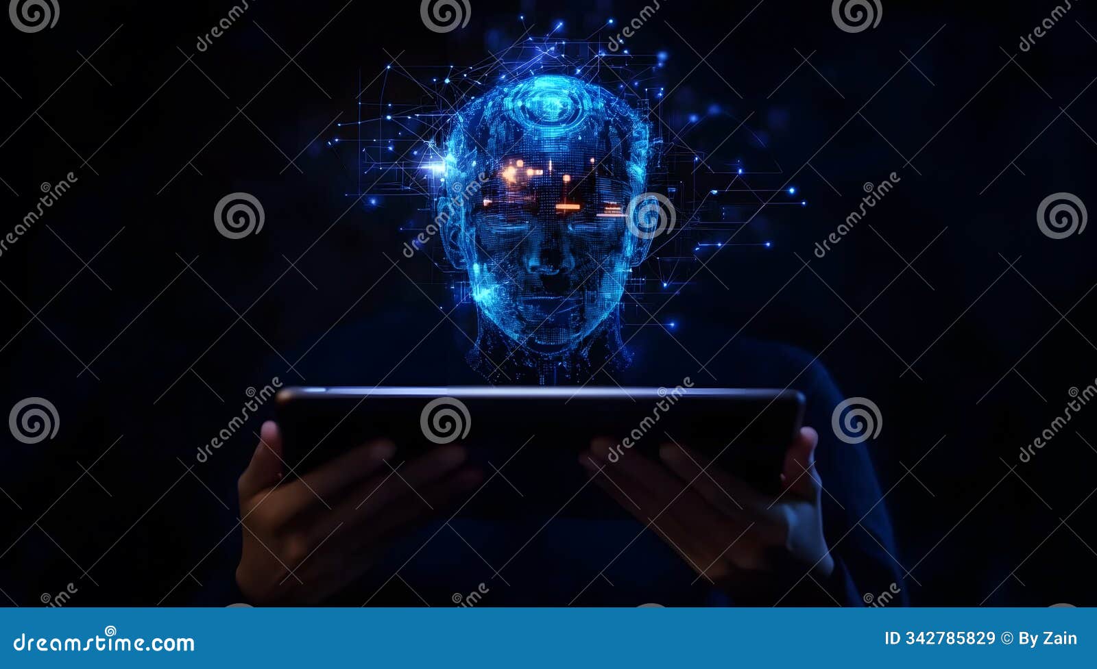 Person Holding Tablet with Digital AI Face Projection Artificial ...