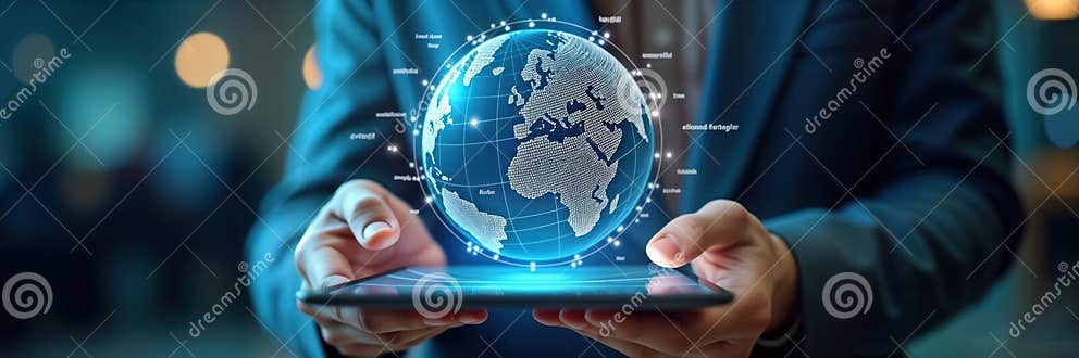 Person Holds Digital Globe on Tablet. Virtual Globe Displays Global ...