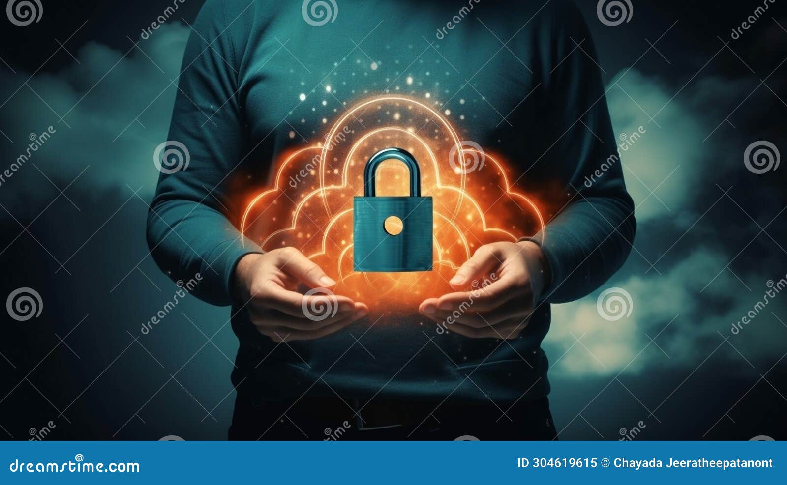 A Person Holds a Lock Symbol in Front of an Abstract Cloud, Encryption ...