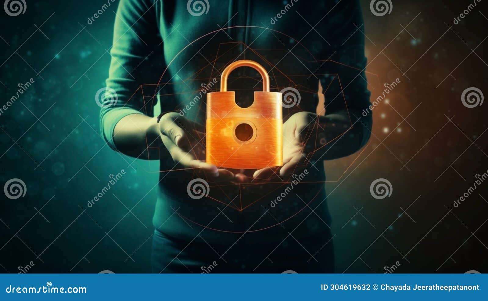 A Person Holds a Lock Symbol in Front of an Abstract Cloud, Encryption ...