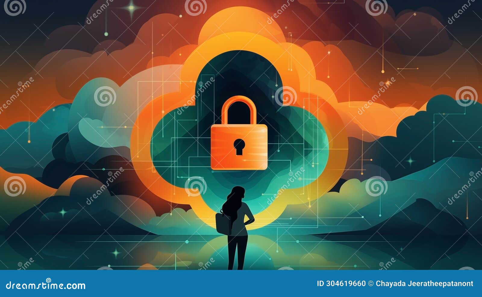 A Person Holds a Lock Symbol in Front of an Abstract Cloud, Encryption ...