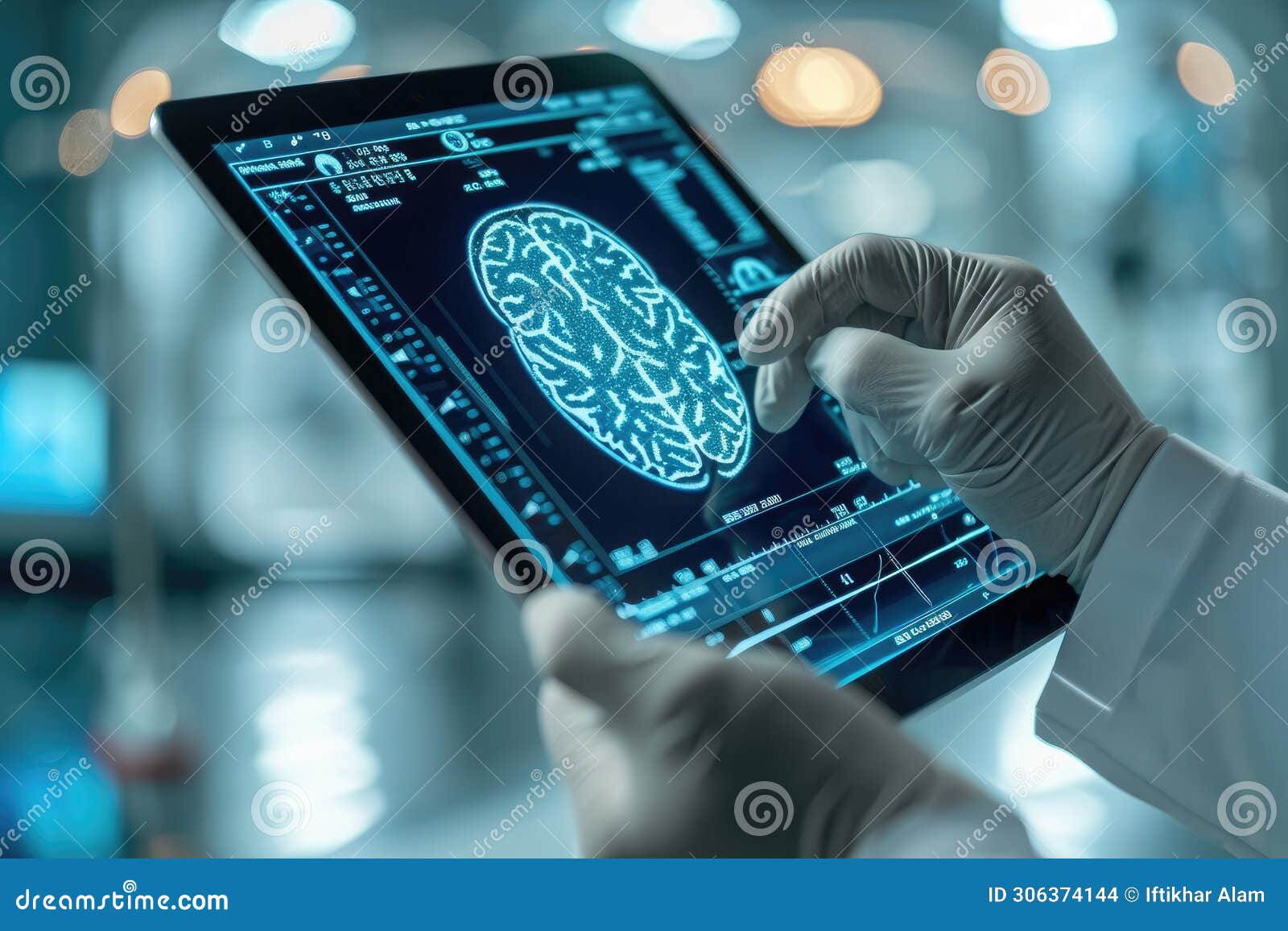 A Person Holds a Tablet Displaying a Brain Scan, Analyzing Neural ...