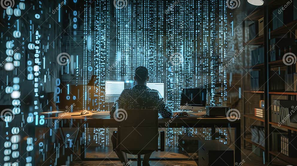 A Person Immersed in Hacking, Sitting at a Desk, Typing on a Computer ...