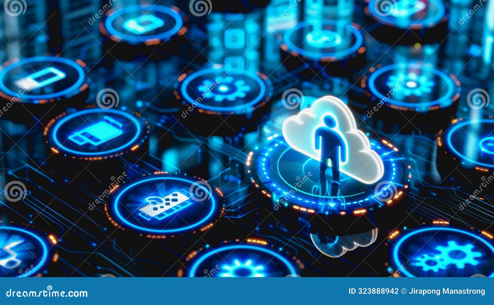 A Person Interacting with a Digital Cloud Interface, Symbol Icon ...