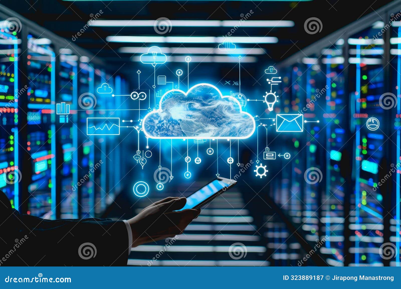 A Person Interacting with a Digital Cloud Interface, Symbol Icon ...