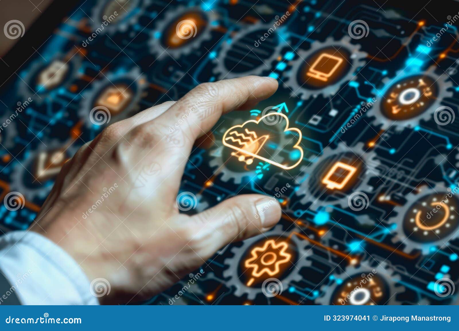 A Person Interacting with a Digital Cloud Interface, Symbol Icon ...