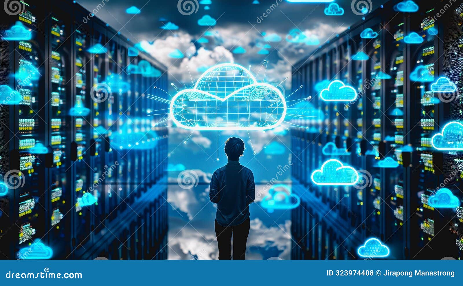 A Person Interacting with a Digital Cloud Interface, Symbol Icon ...