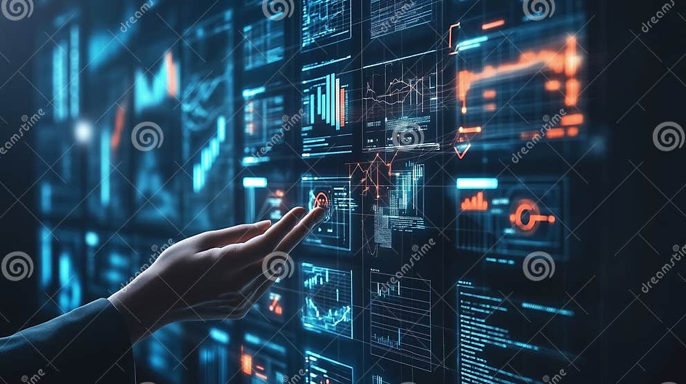 A Person Interacts with an Advanced Digital Data Display in a Dimly Lit ...