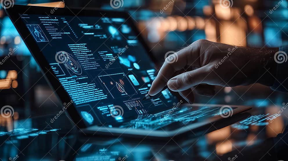 A Person Interacts with a High-tech Tablet Displaying Advanced Data ...