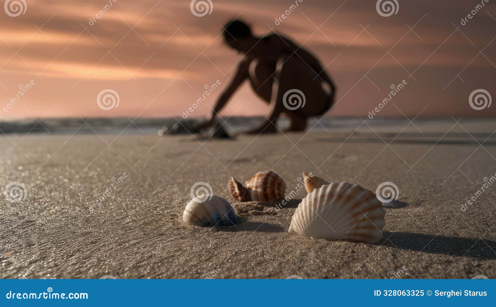 A Person Kneeling on the Beach with Shells in Hand, AI Stock Image ...