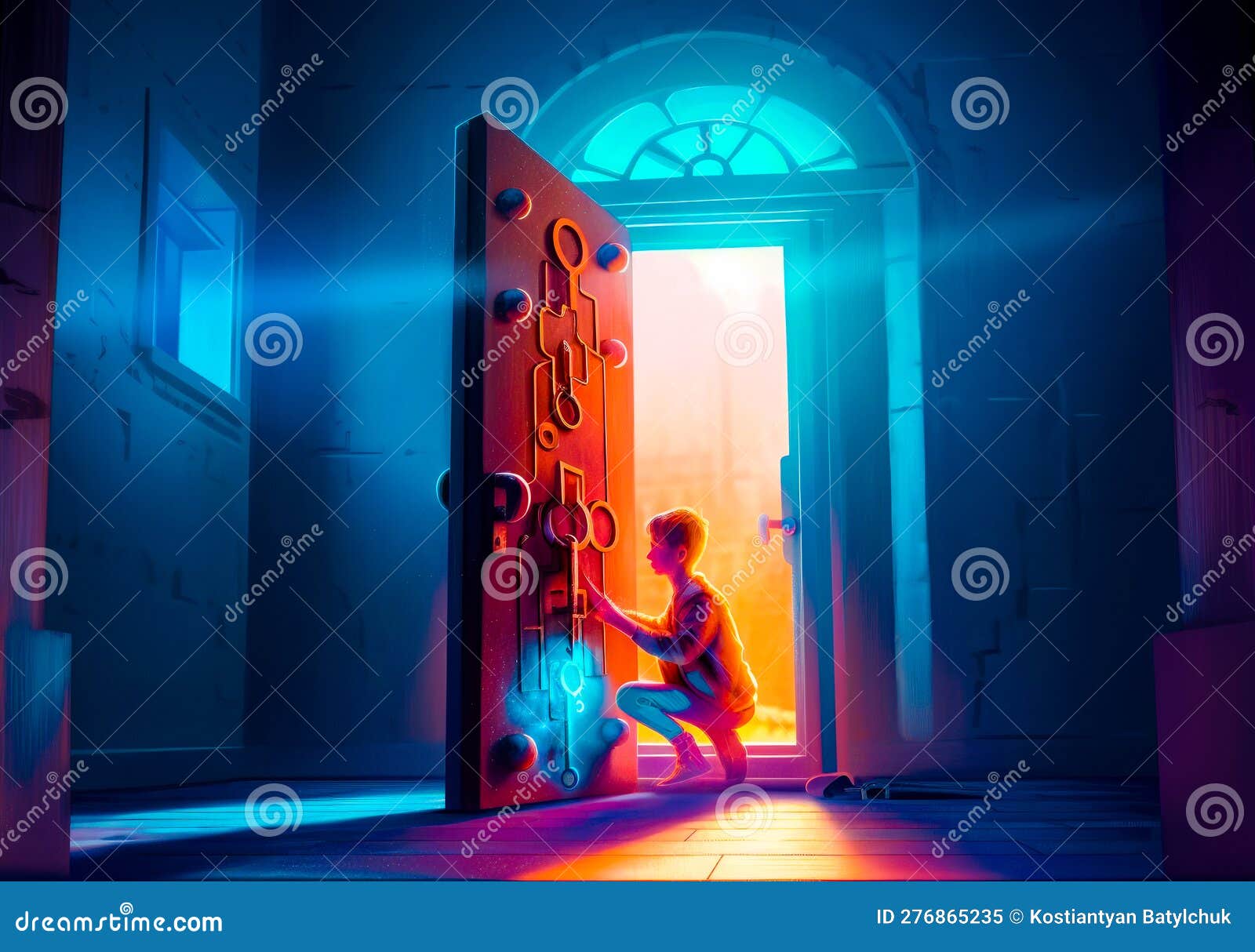 Person Kneeling Down in Front of Door with Key on it. Generative AI ...