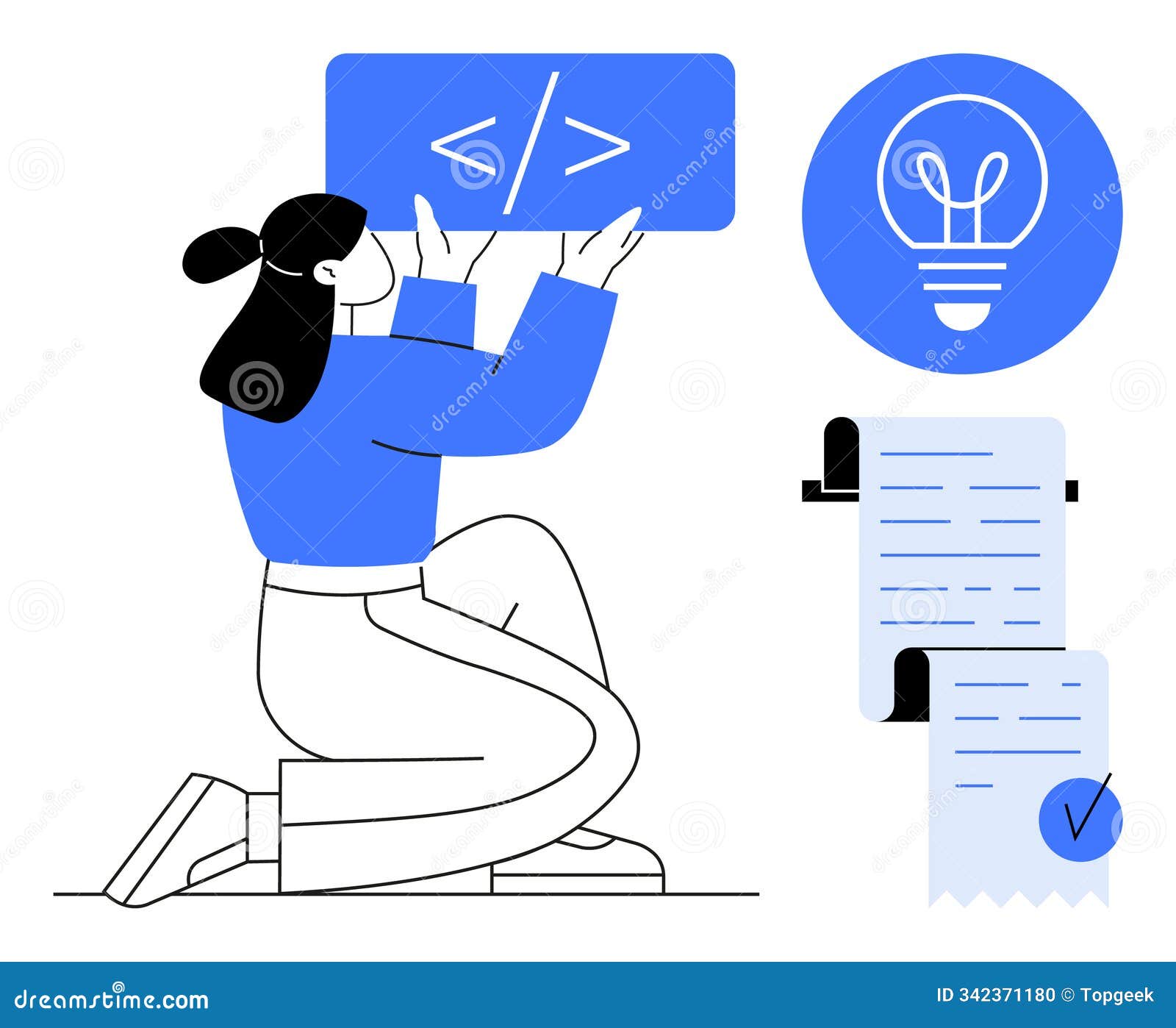 Programmer Kneeling with Code Symbol and Creativity Symbol Stock ...