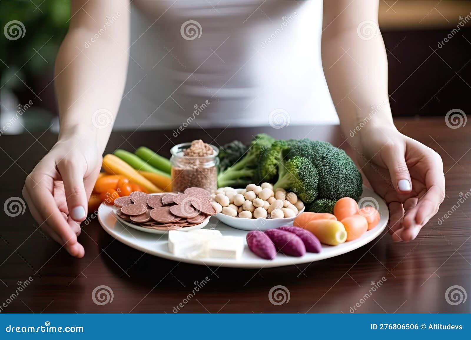 Person, Loading Plate with Variety of Nutritious Foods, Including ...