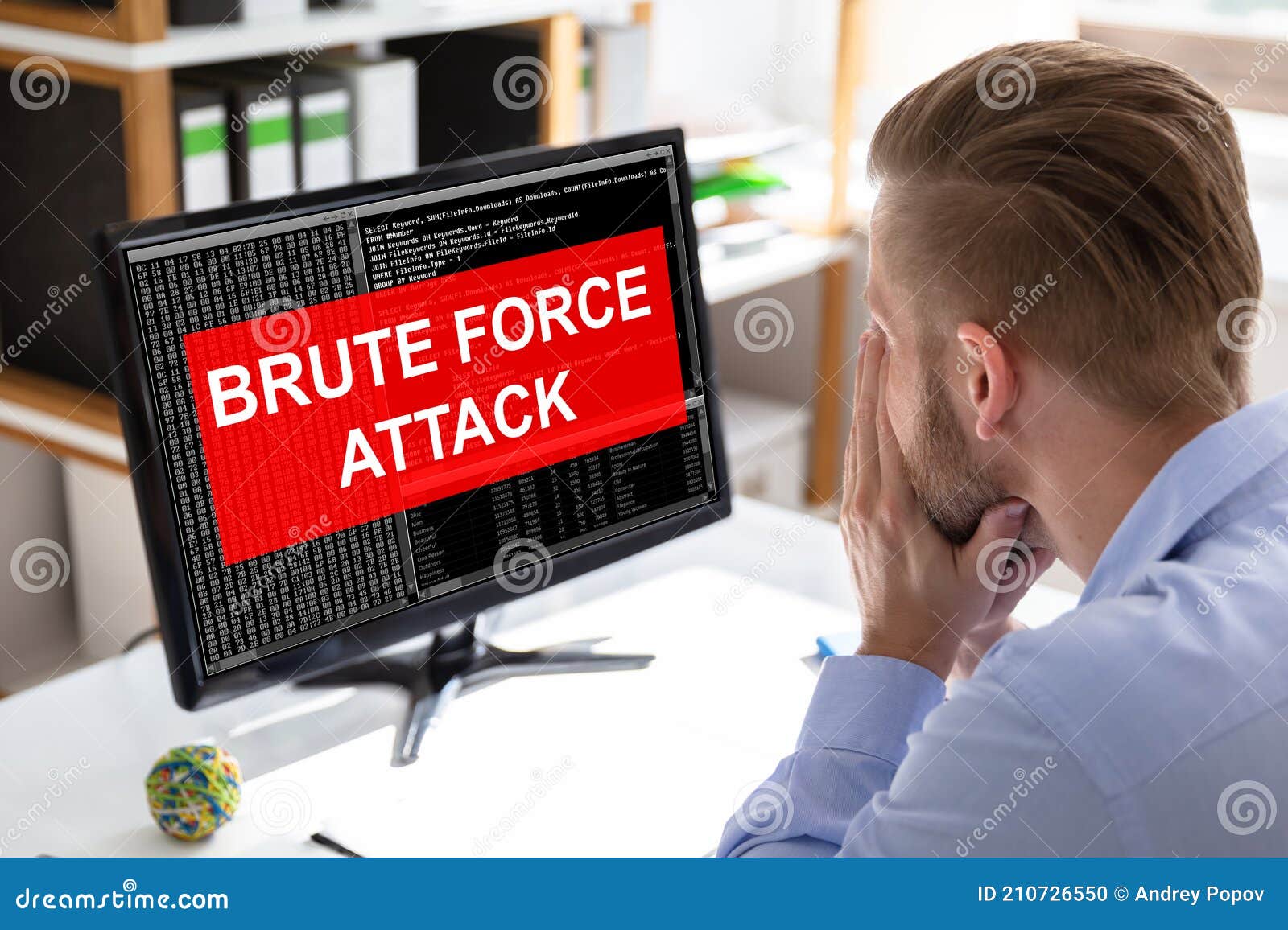 Upset Businessman Looking Brute Force Attack on Computer Screen Stock ...
