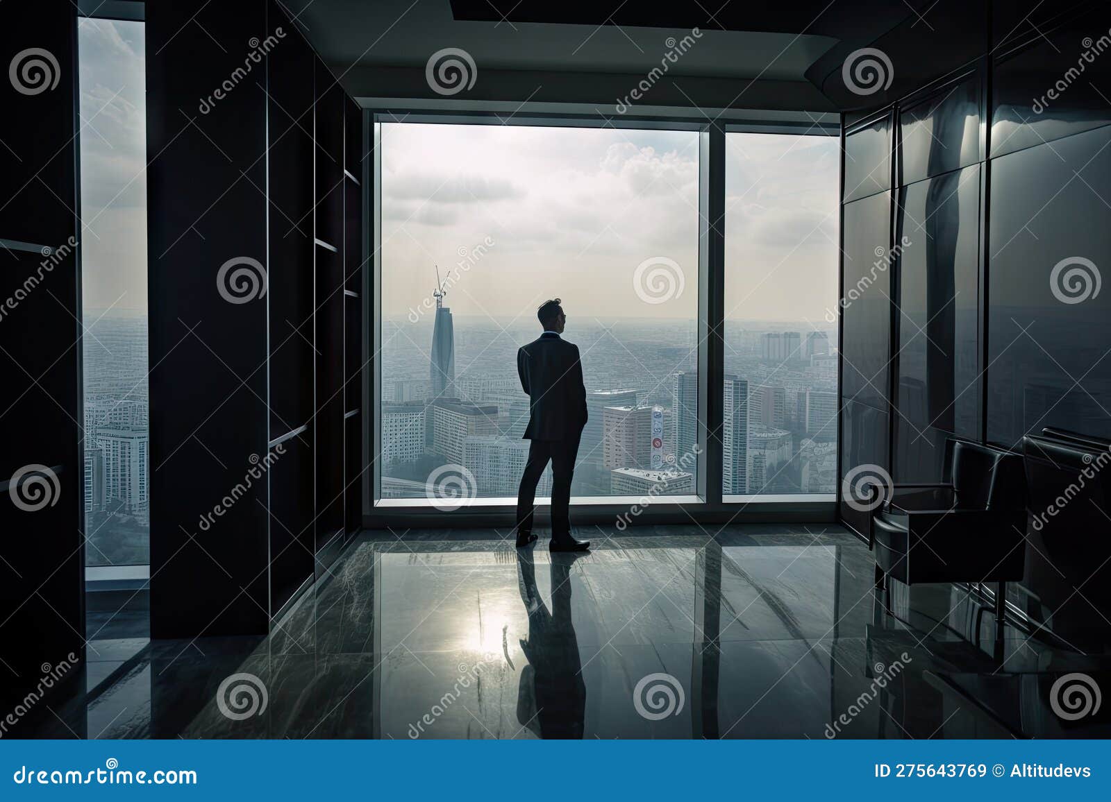 Person, Looking at View of City Skyline from the Window of Skyscraper ...