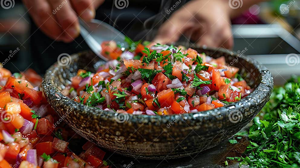 A Person Making Fresh Salsa with Traditional Tools. Stock Image - Image ...
