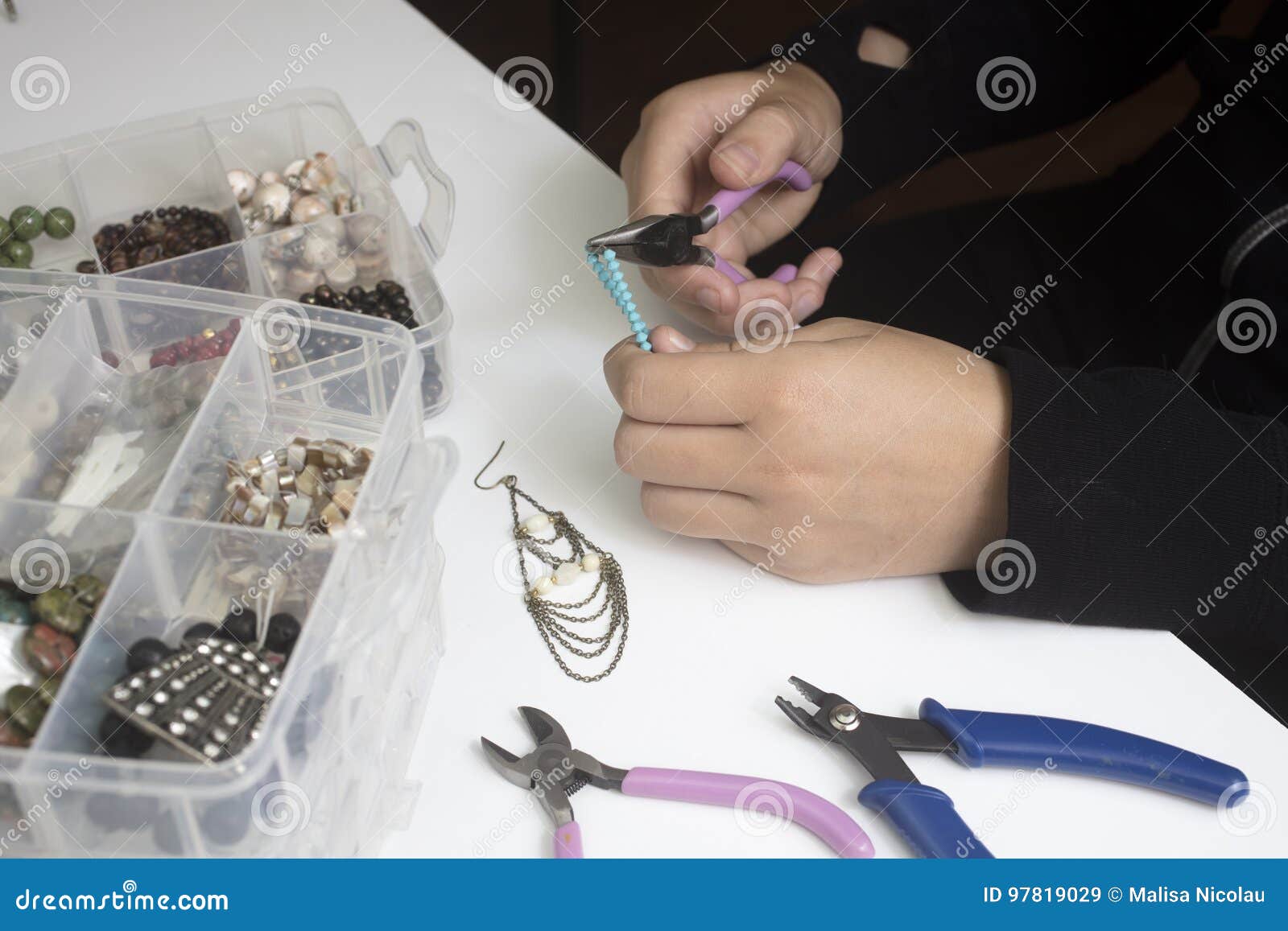 Person Making Jewelry with Beads and Other Materials with Tools Stock ...