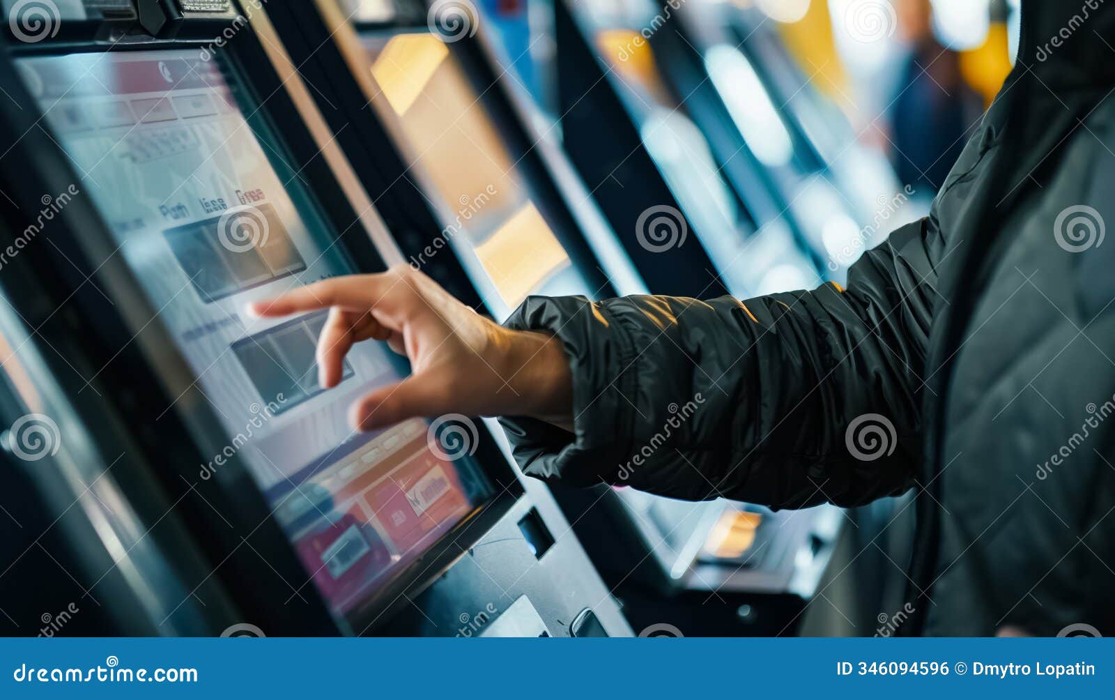 Person Making Purchase or Ordering Food with Touchscreen Automatic ...