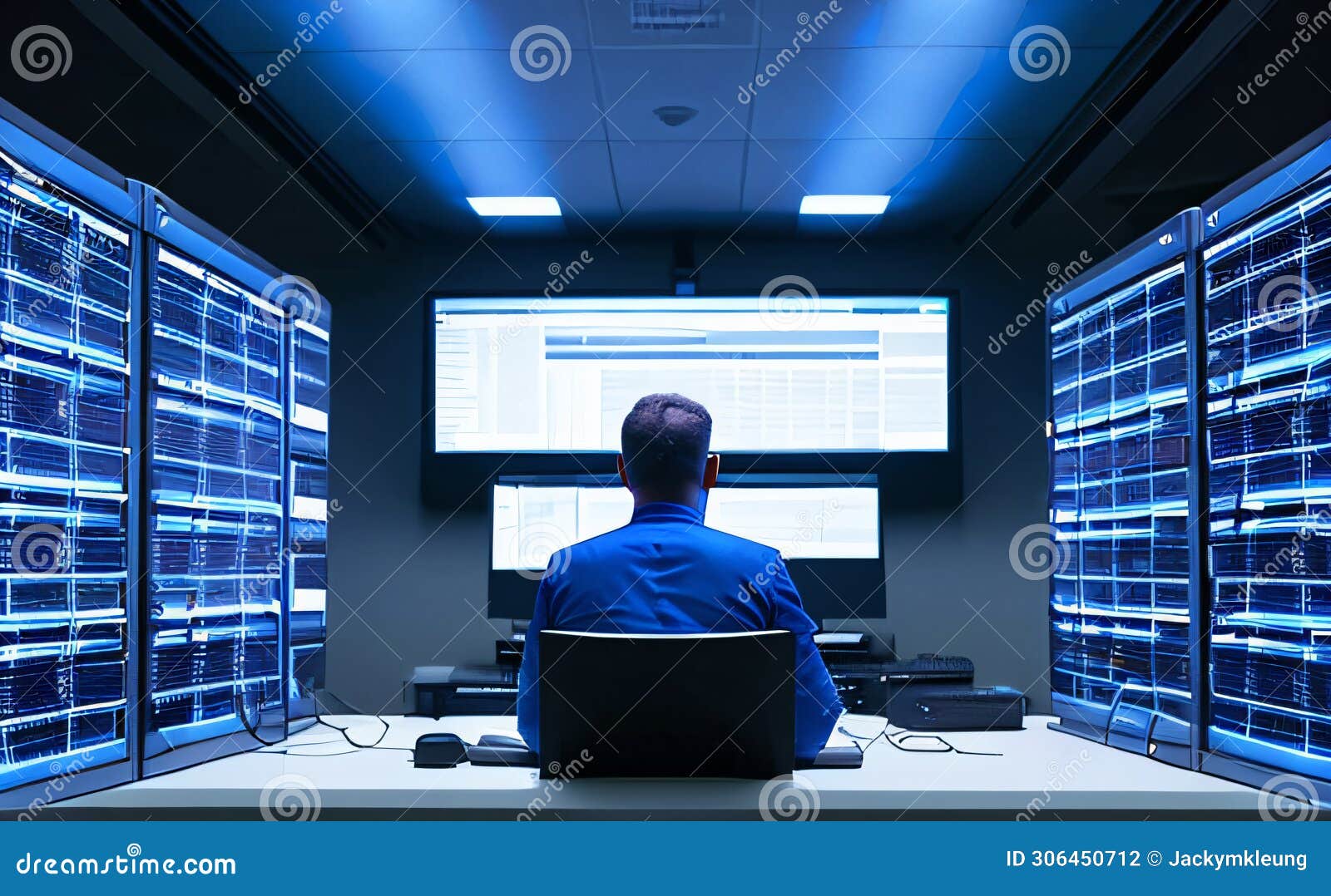 Person Man Male Working in Front of Multiple Monitors, it Service Desk ...