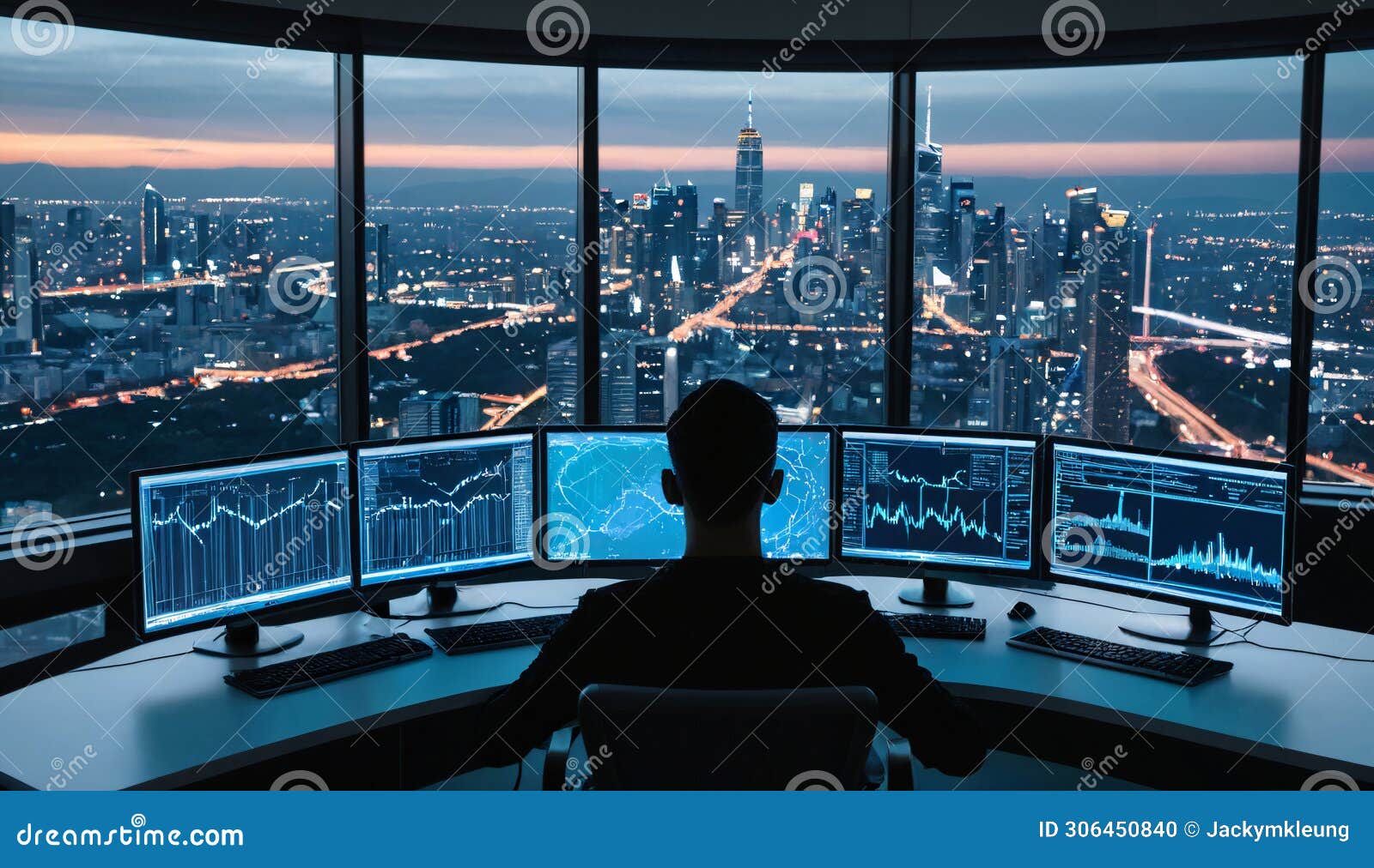 Person Man Male Working in Front of Multiple Monitors, it Service Desk ...