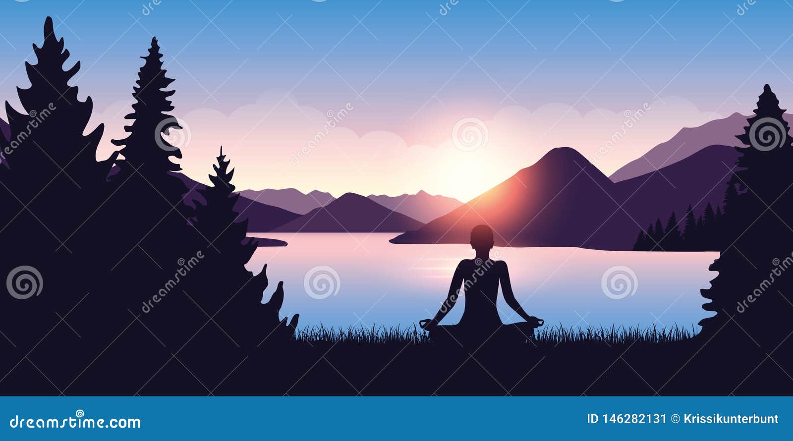 Person Mediating by the River in the Forest at Sunrise Stock Vector ...