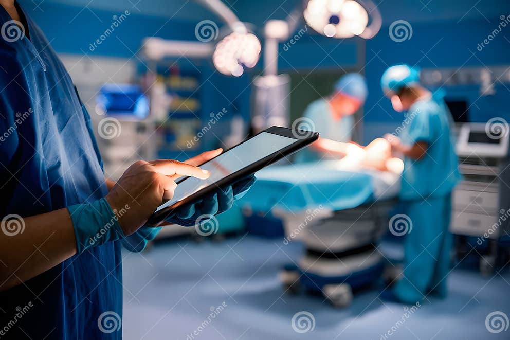 Person in Medical Attire with Tablet in ICU with Two Professionals and ... Person in Medical Attire with Tablet in ICU with Two Professionals and ...