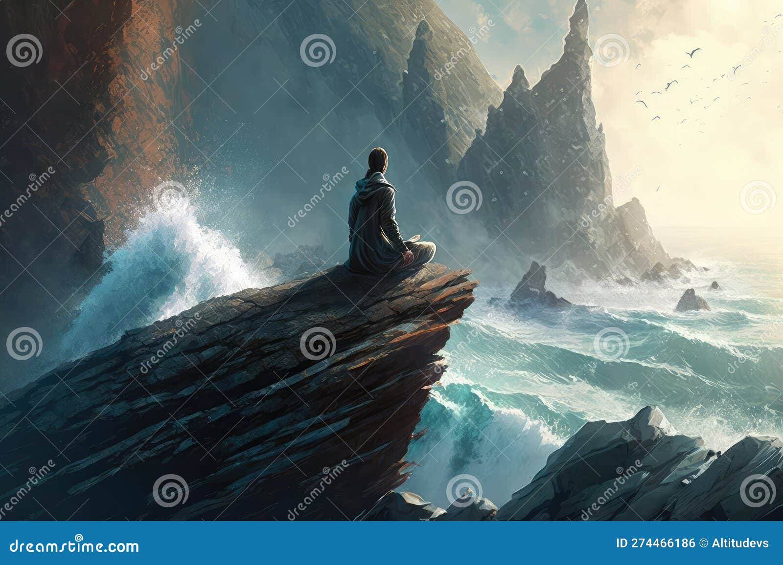 Person, Meditating on a Cliffside, with the Wind and Waves Below Stock ...