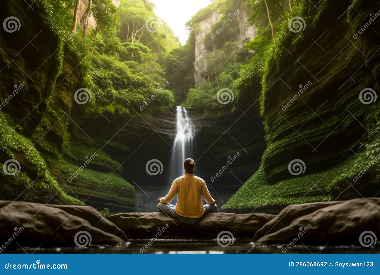 Person Meditating in Front of Waterfall in Deep Forest, Generative AI ...