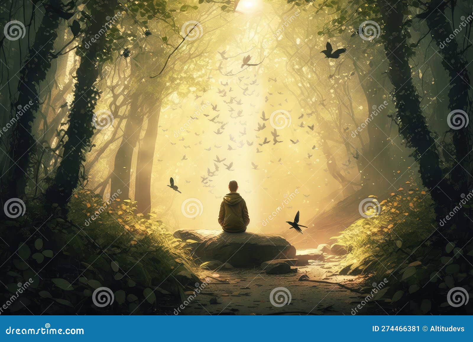 Person, Meditating in Peaceful Forest Setting, with Birds Chirping and ...