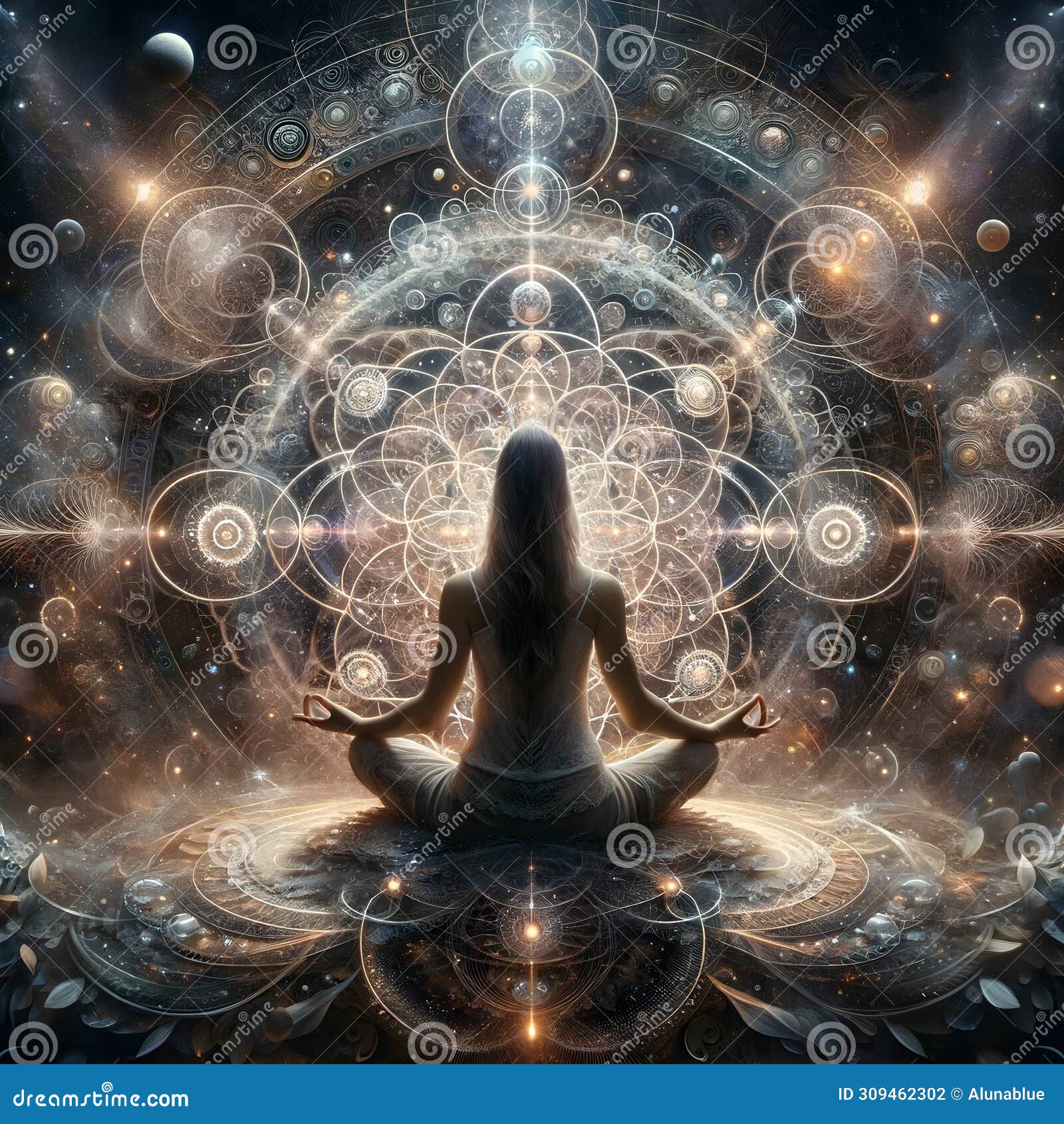 A Person in a Meditative Pose with an Elaborate Cosmic and Spiritual ...