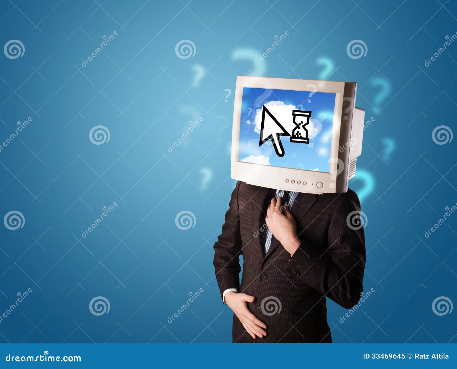 Person with a Monitor Head and Cloud Based Technology on the Screen ...