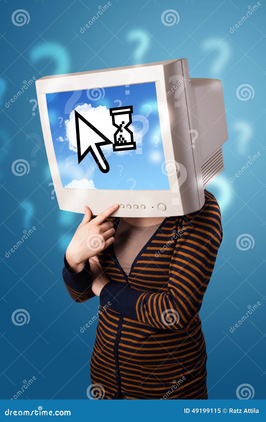 Person with a Monitor Head and Cloud Based Technology on the Screen ...