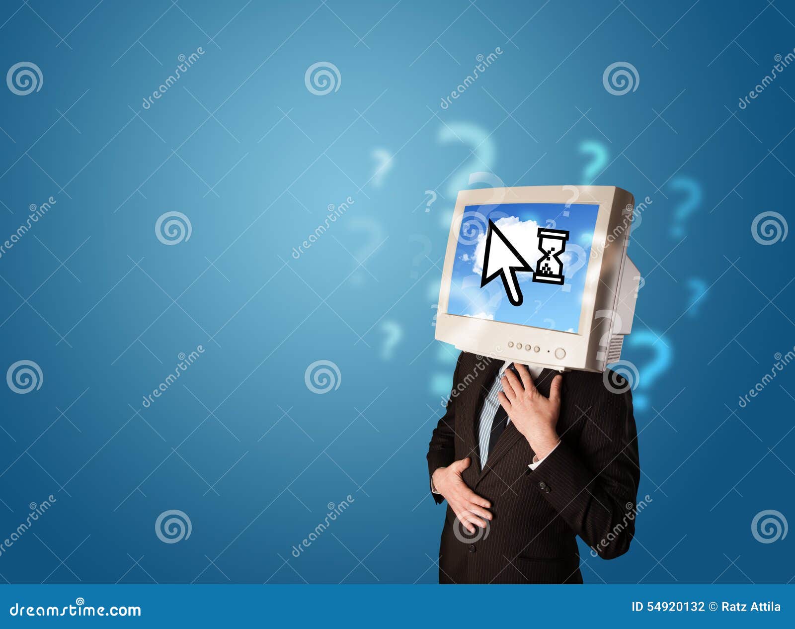Person with a Monitor Head and Cloud Based Technology on the Screen ...