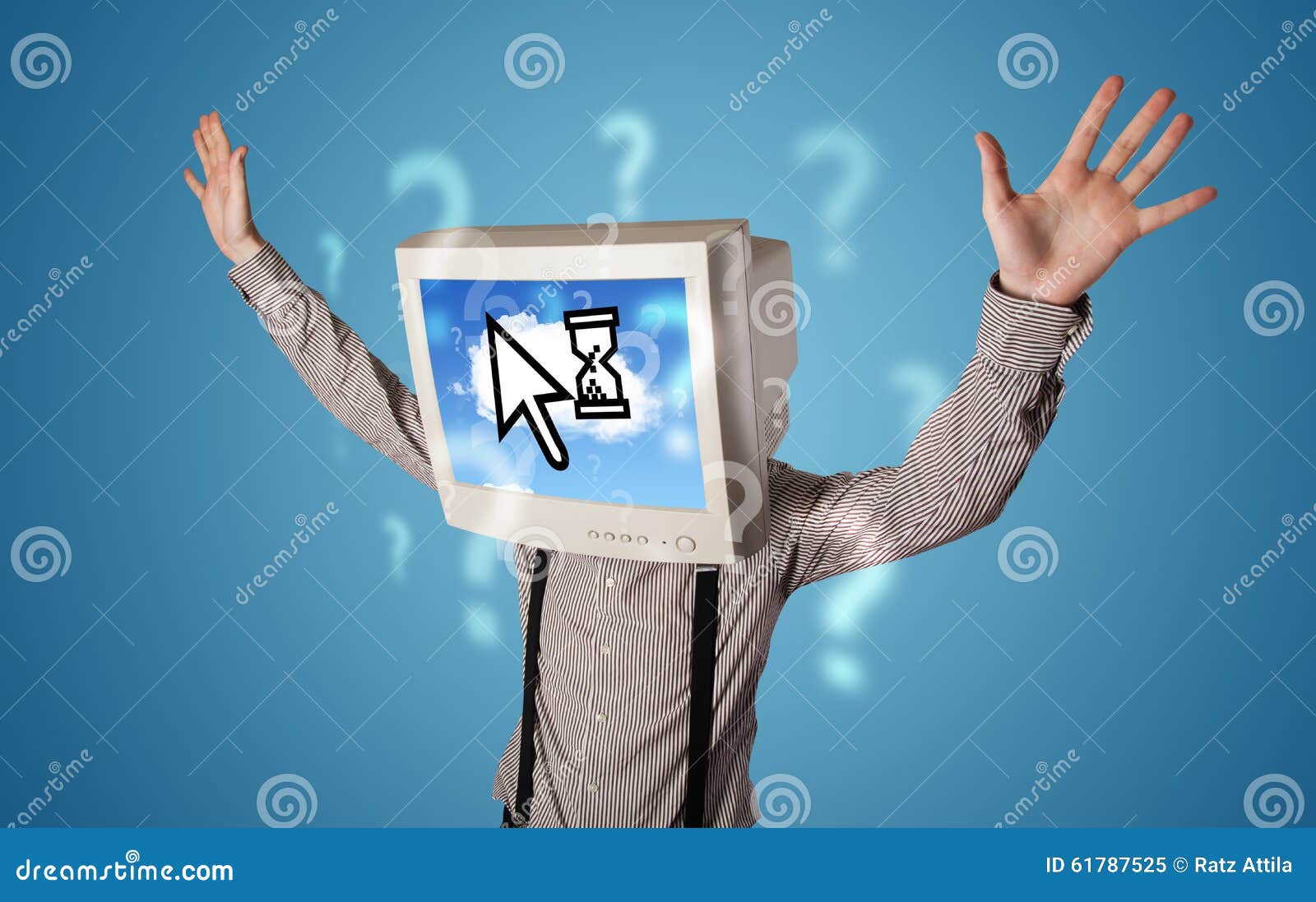 Person with a Monitor Head and Cloud Based Technology on the Screen ...