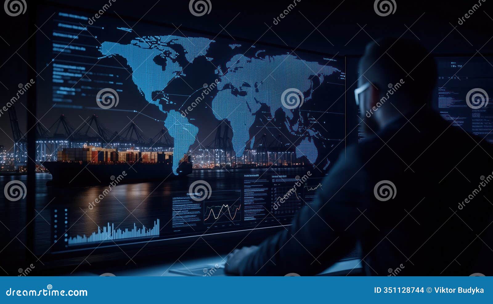Person Monitors Global Shipping Data on Multiple Screens at Night ...