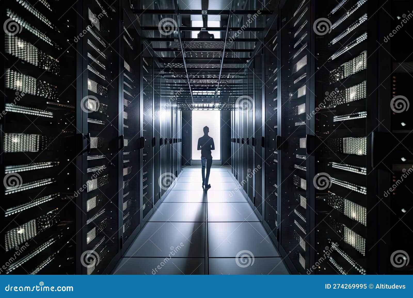 Person, Navigating Labyrinth of Racks and Servers in Data Center Stock ... Person, Navigating Labyrinth of Racks and Servers in Data Center Stock ...