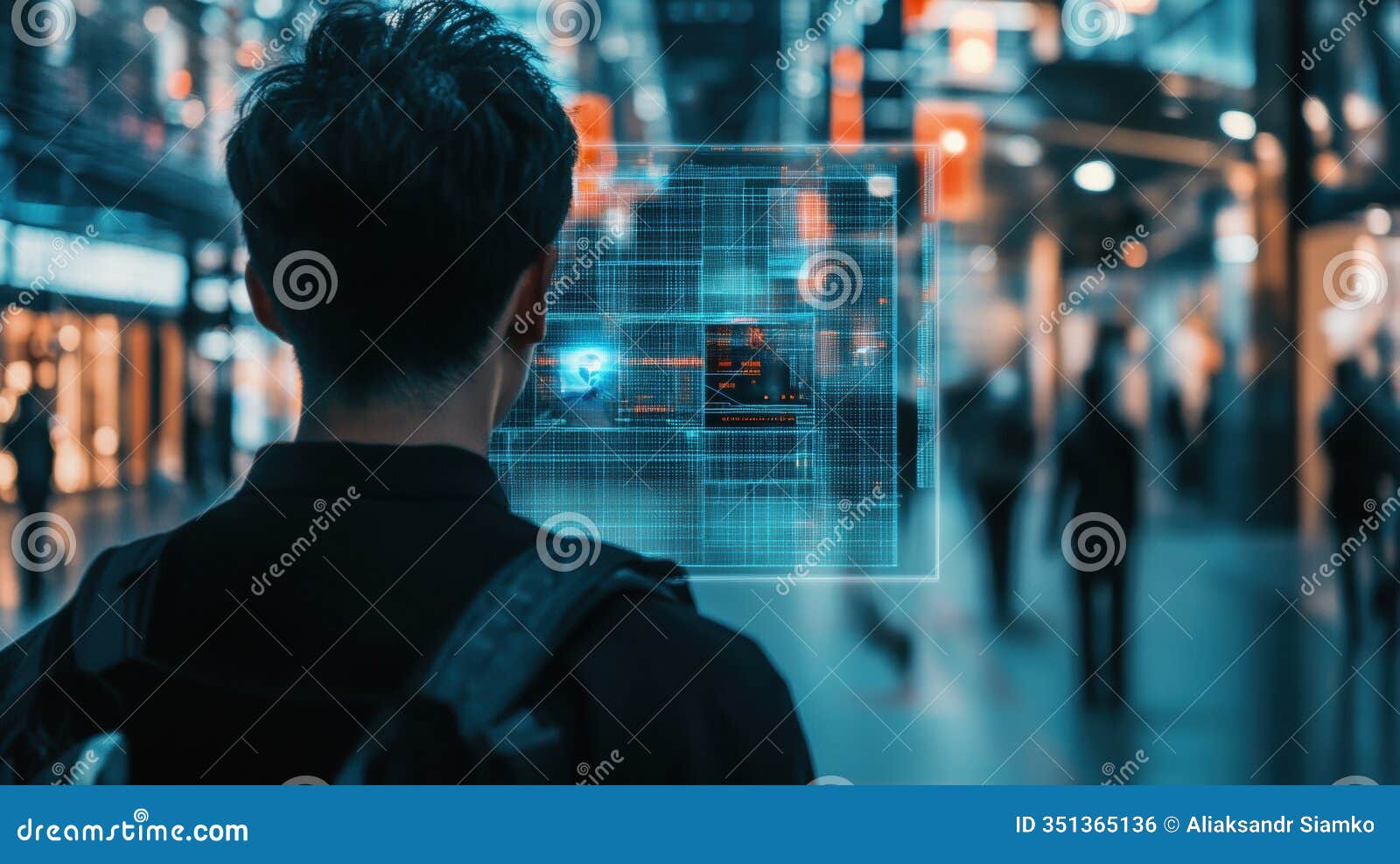 Person Observes Digital Data Visualization in a City Environment Stock ...