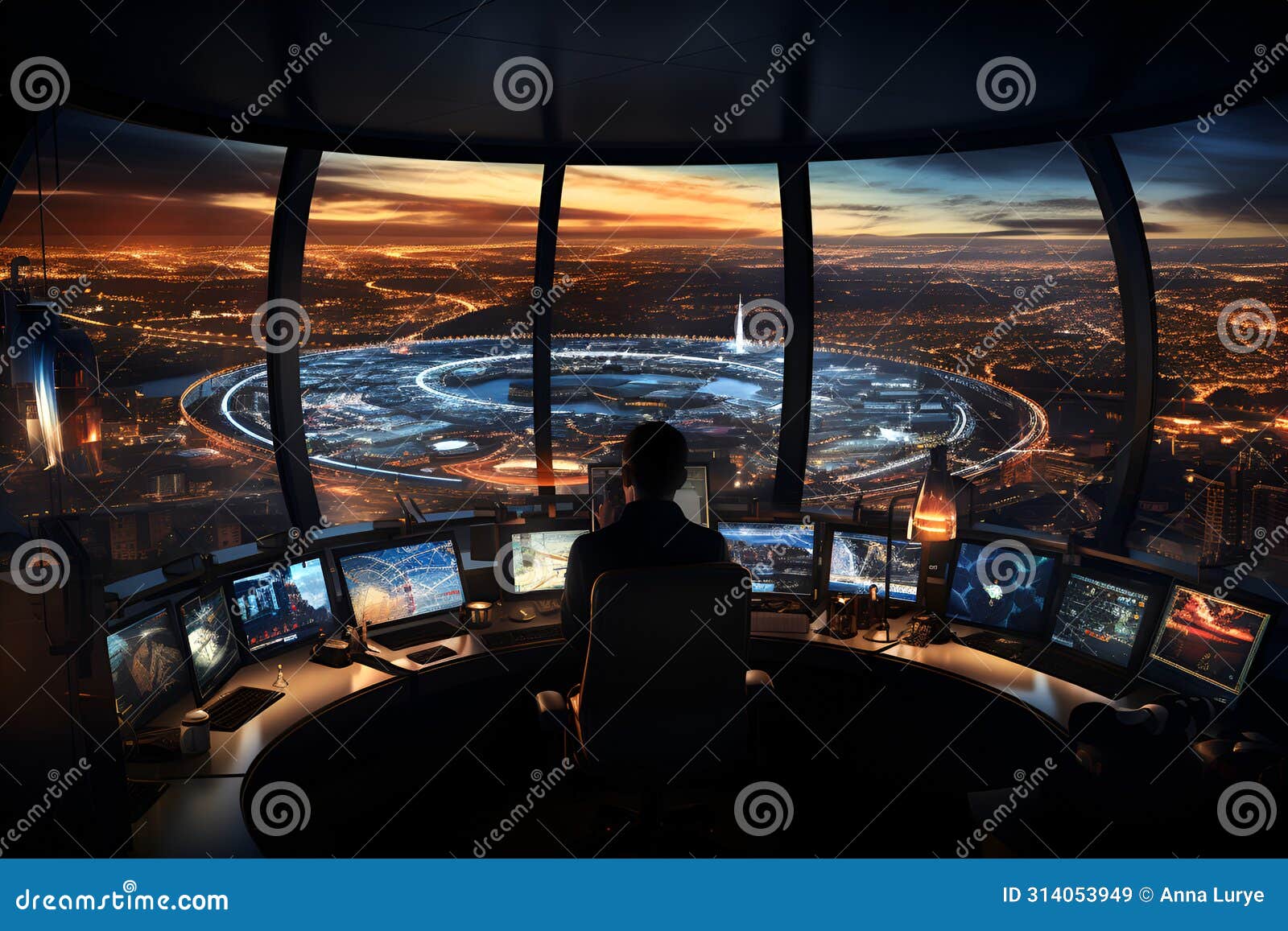 A Person Observing an Expansive, Illuminated Airport from a High-tech ... A Person Observing an Expansive, Illuminated Airport from a High-tech ...