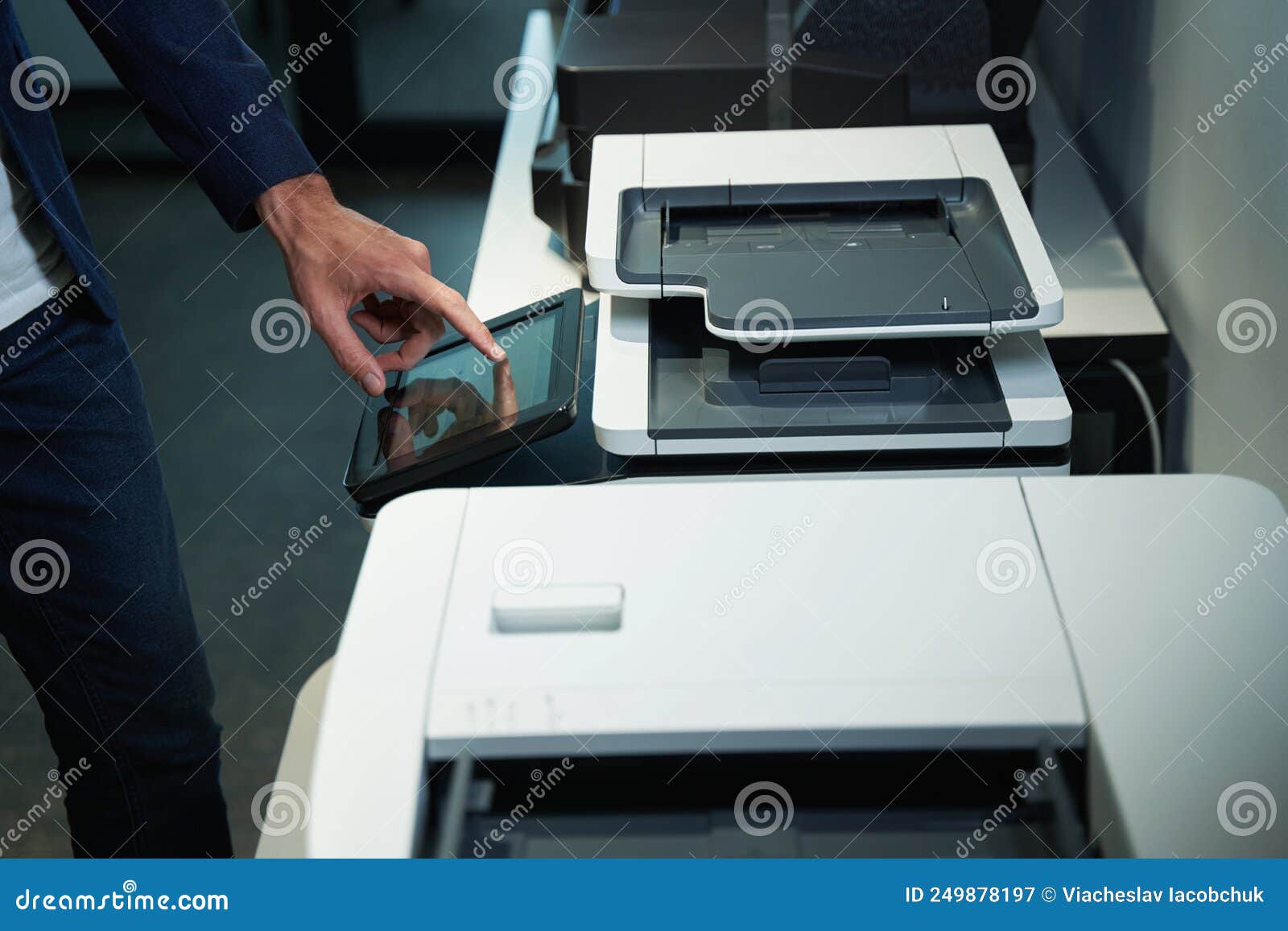 Person in Office Using Printer and Pressing on Its Screen Stock Image ...