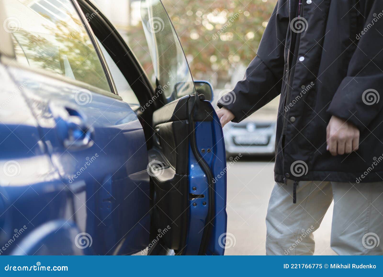 The Person Open Blue Car Door and Sit Inside, Auto Journey Start Stock ...