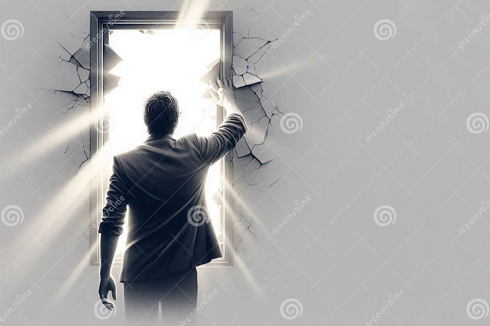 A Person Opens a Bright Portal in the Wall. Space for Text. Stock Photo ...
