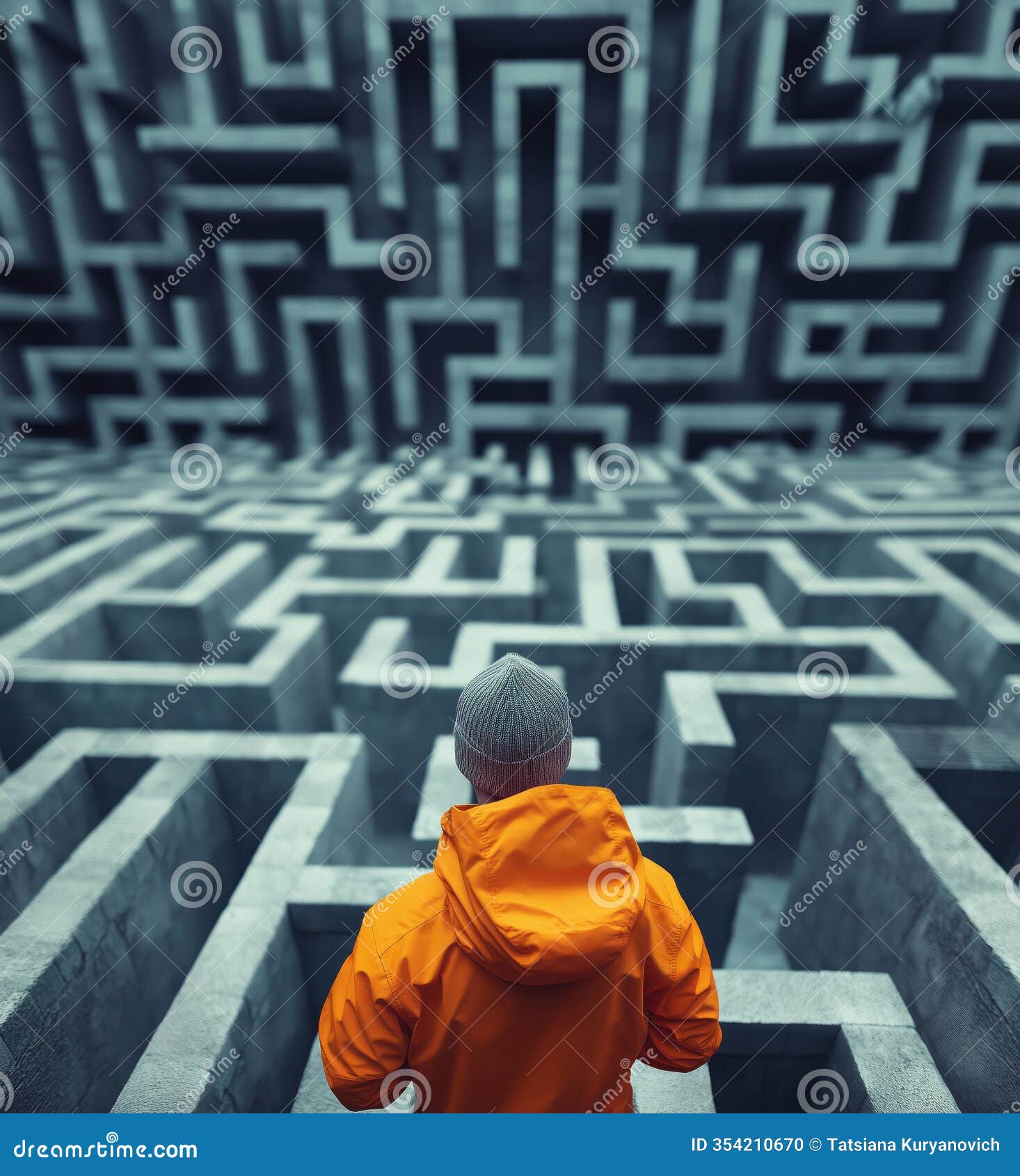 Person in Orange Jacket Navigating Complex Concrete Maze, Exploring ...