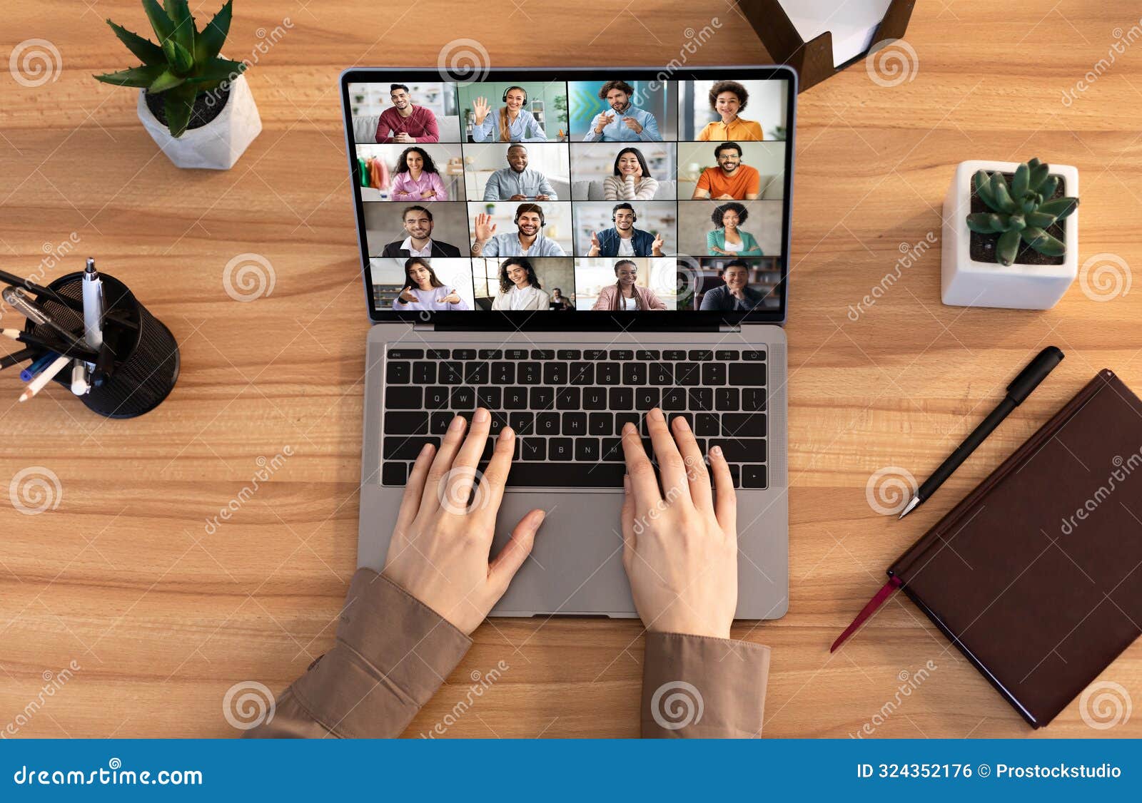 Person Participating in Virtual Meeting on Laptop Computer, Top View ...