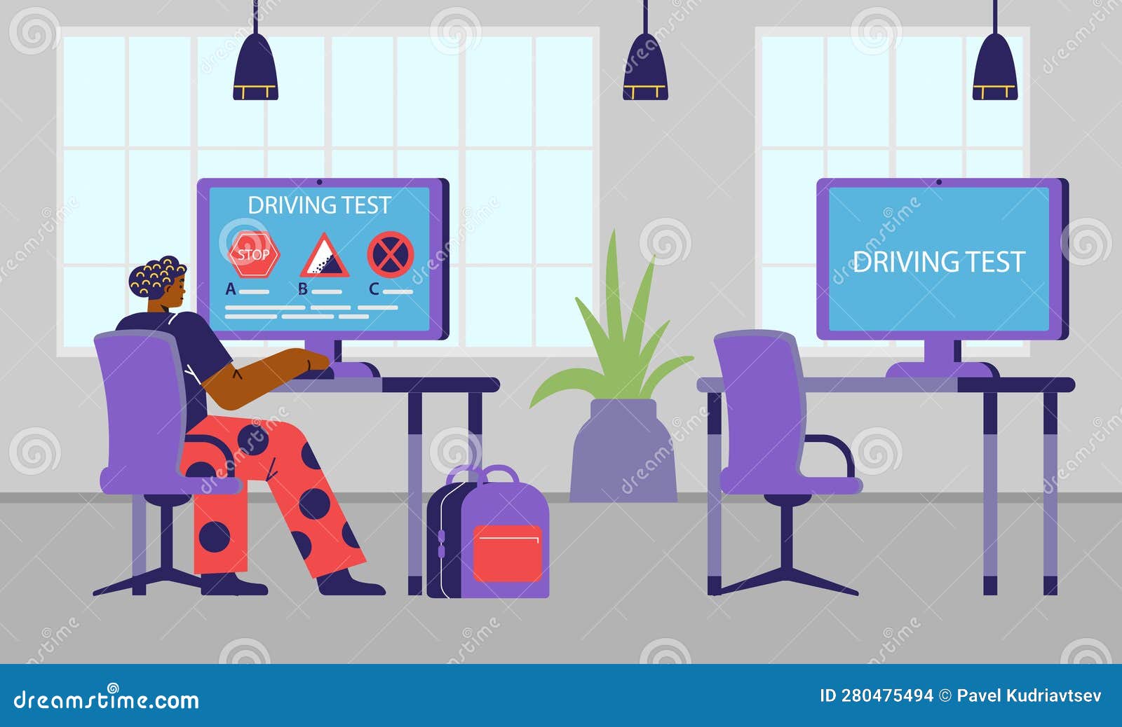 Person Passing Driving Test on Computer, Flat Vector Illustration ...
