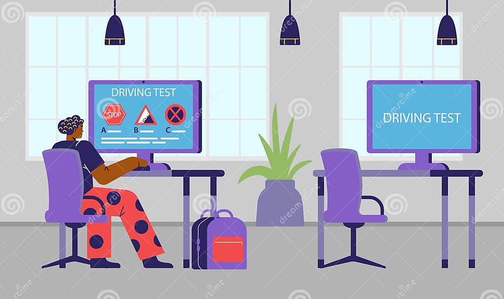 Person Passing Driving Test on Computer, Flat Vector Illustration ...