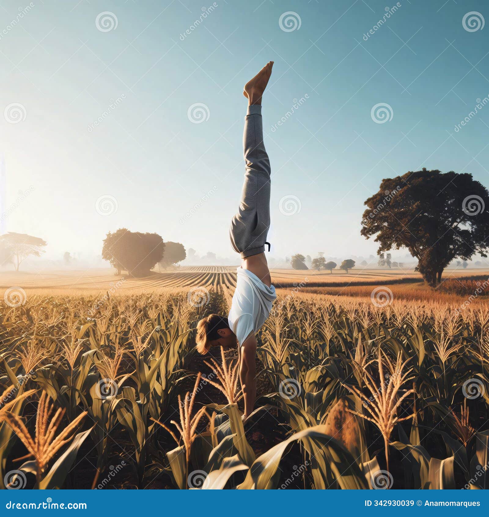 A Person Performs a Handstand in a Cornfield Under a Bright Sky ...